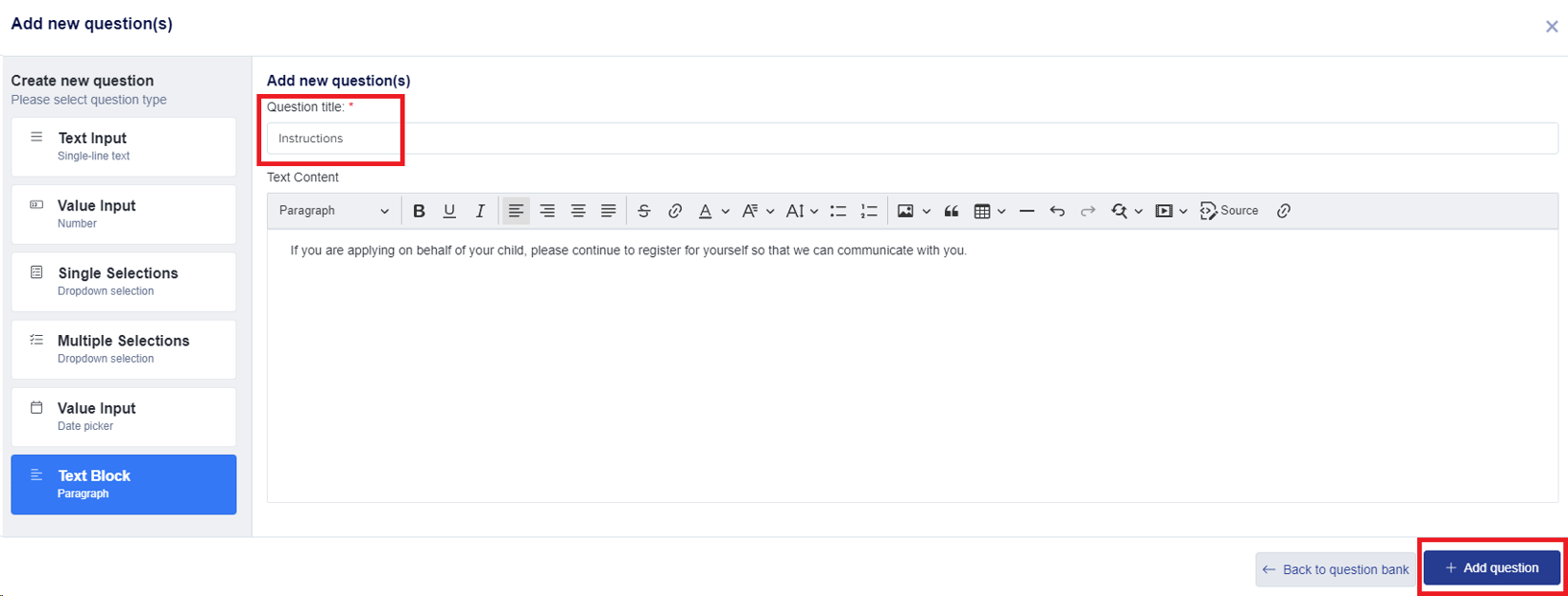 How to create a new event question template